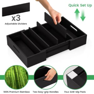 Kiasthome Expandable Bamboo Lid Organizers Inside Cabinet, Kitchen Cabinet Organizers with 3 Adjustable Dividers, Storage Plastic Lids, Food Container Lid Holder Organizer for Drawer Pantry, Black