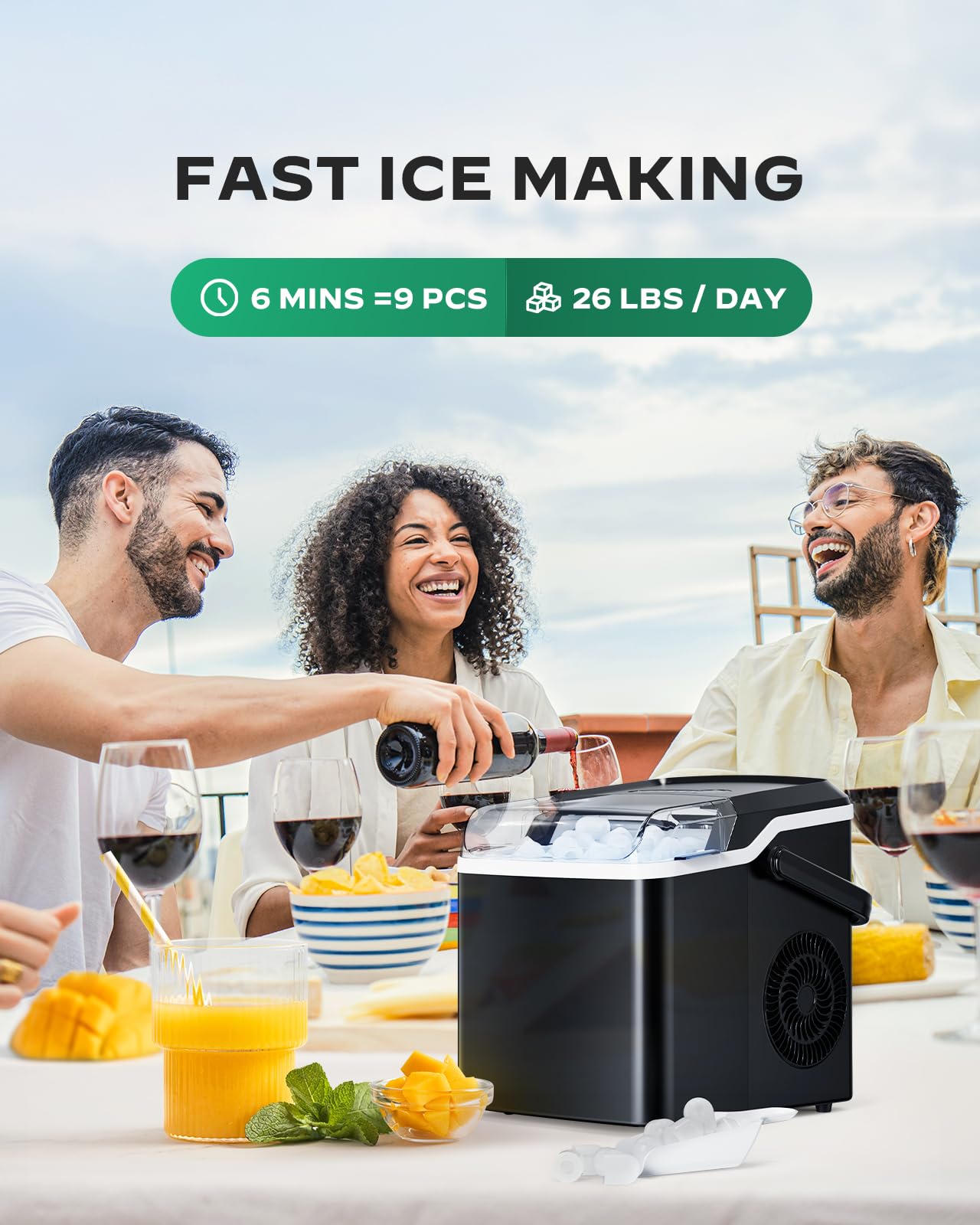 Silonn Countertop Ice Maker - 9 Cubes Ready in 6 Mins, 26lbs in 24Hrs, Portable Ice Machine with Self-Cleaning, 2 Sizes of Bullet Ice for Home/Kitchen/Party/RV, Black