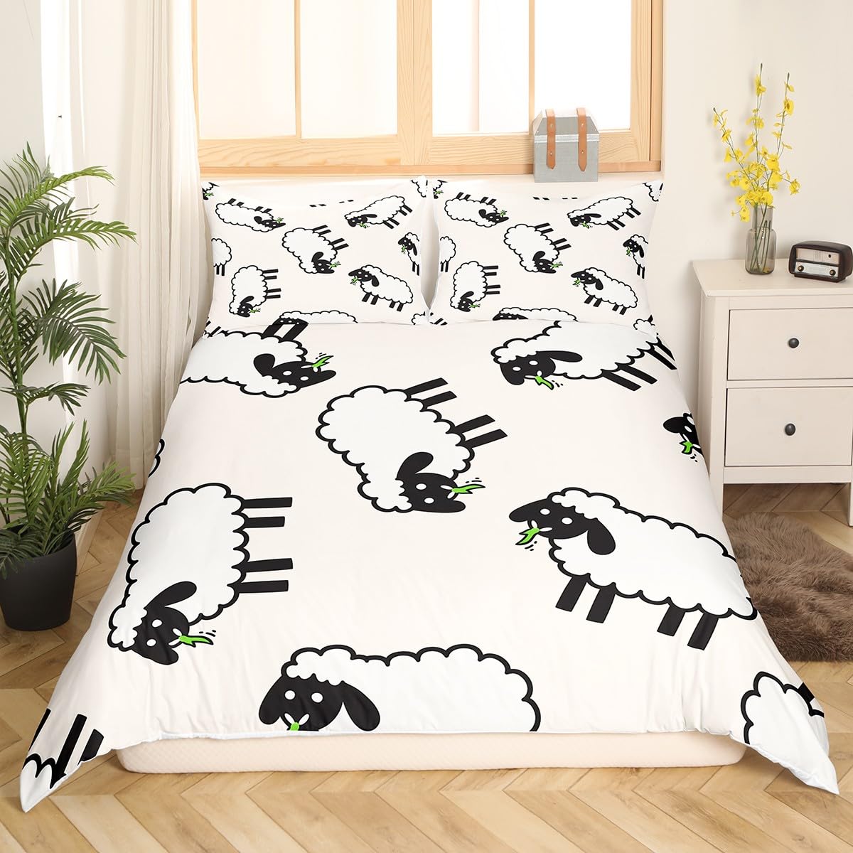 Erosebridal Cute Sheep Duvet Cover Twin Size,Funny Sheep Bedding Set for Kids Child Boys Girls,Cartoon Animals Bedspread Cover,Farm Animals Comforter Cover for Sheep Lovers Bedroom Decor,Beige