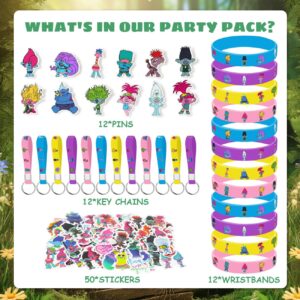 Trolls Birthday Party Supplies, 86PCS Party Favors Set Include 12 Bracelets, 12 Pins, 12 Keychains, 50 Stickers for Trolls Theme Party Gifts