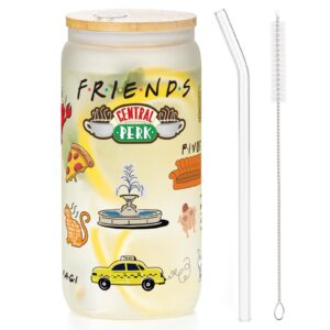 pugez friends glass cup with lid and straw, friends tv show merchandise, friends gifts for fans, friends tv show gifts, friends merchandise gifts, 16 oz friends can glass drinking glasses