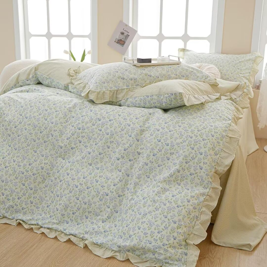 MKXI Princess Floral Comforter Set Ruffled Comforter Wildflowers Patern Full Size Cute Artistic Bedding Set Light Green Bed Comforter for Girls Blue Flowers Bedding Comforter Duvet Set