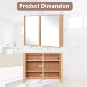 Tangkula Bathroom Medicine Cabinet, Wall Mounted Bamboo Bathroom Cabinet with Double Mirror Door, 2 Adjustable Shelves, Hanging Wall Mirror Storage Cabinet for Bathroom Laundry Room Entryway (2-Door)