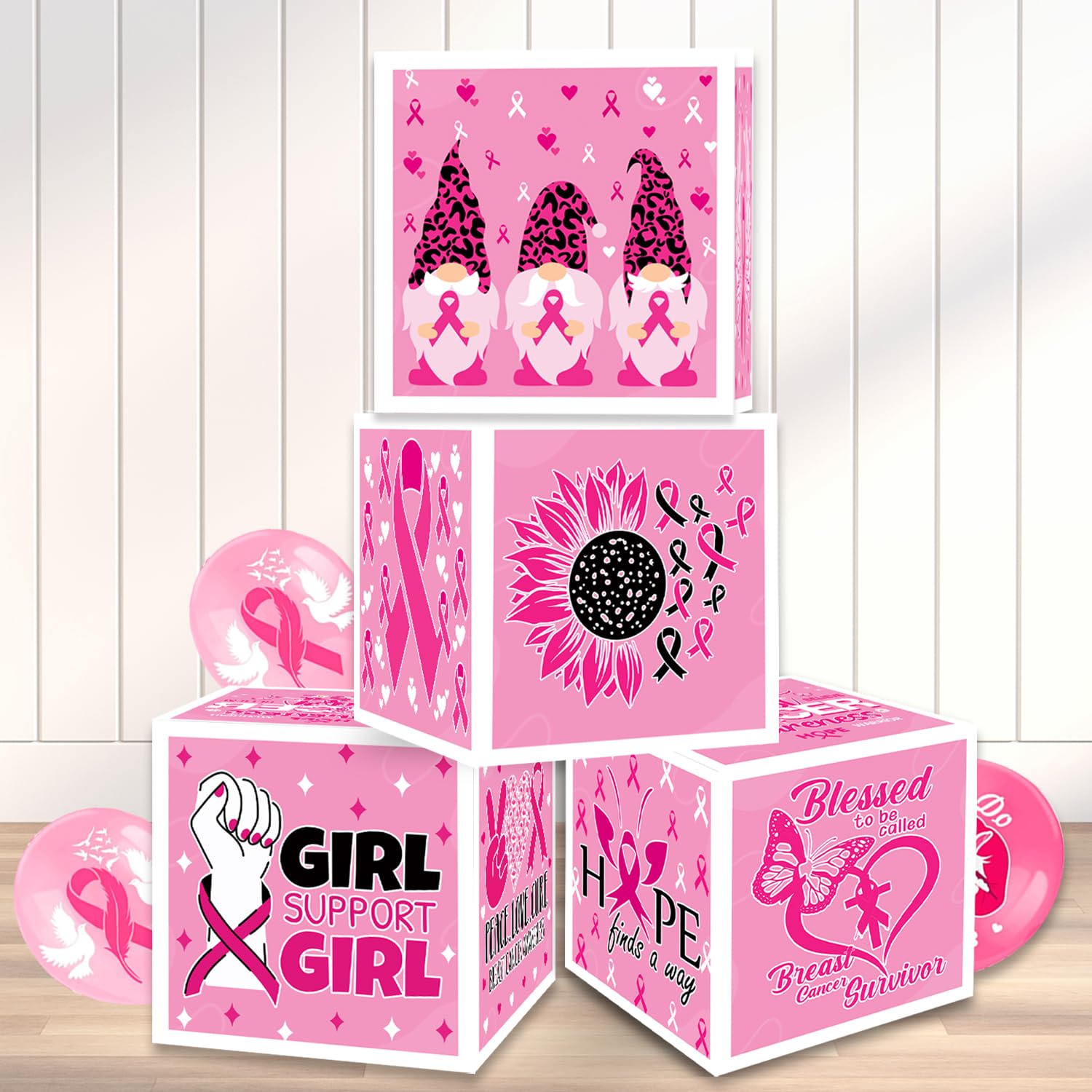 Breast Cancer Awareness Balloon Boxes Decorations - 4 Pcs Breast Cancer Awareness Party Decorations for Pink Ribbon Hope Theme Party Decorations Supplies