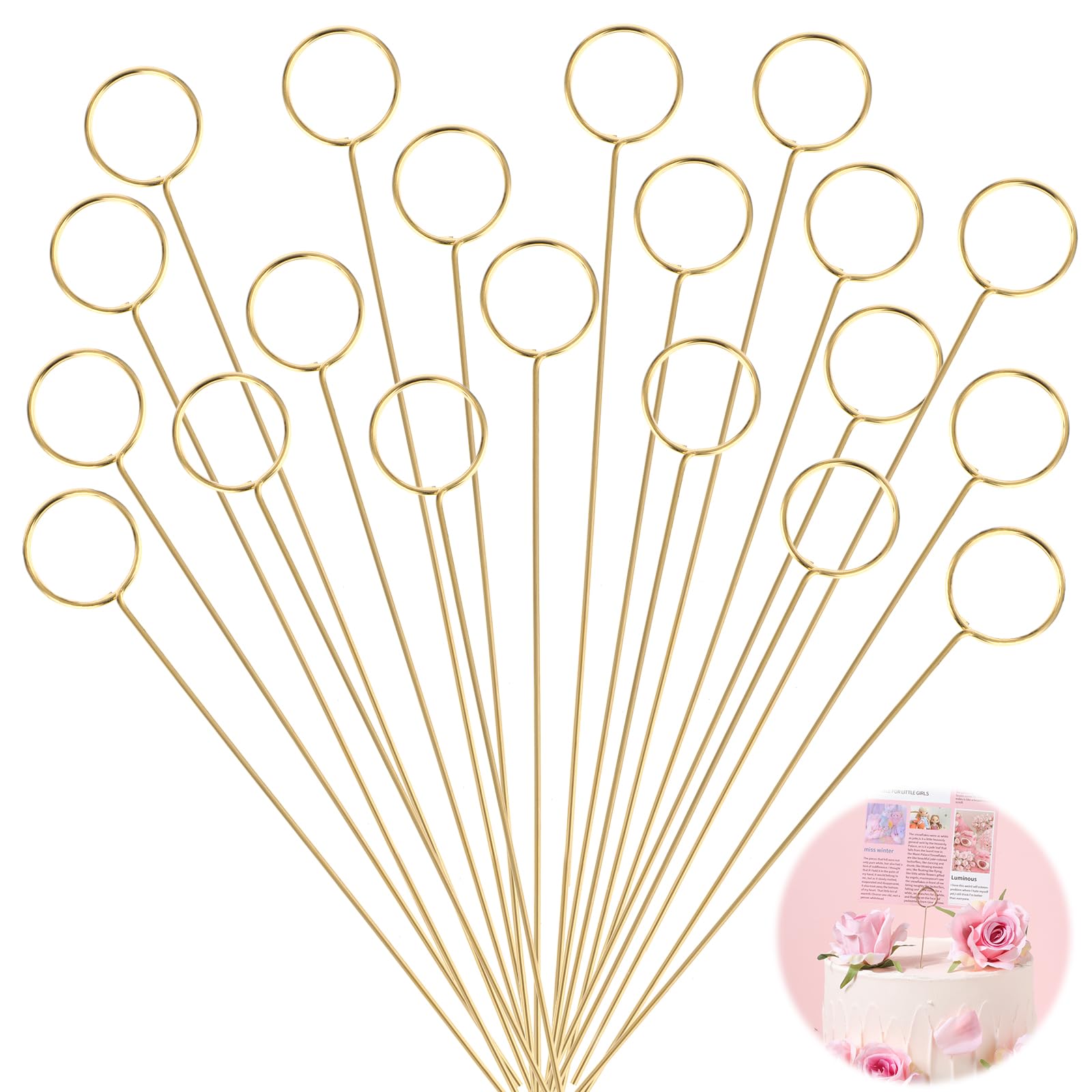 20PCS Flower Card Holder Stick 11.6" Gold Floral Card Holder Picks, Elegant Metal Wire Place Card Holders Gift Photo Picture Holders for Centerpieces Bouquets Weddings Baby Showers and Party(Round)