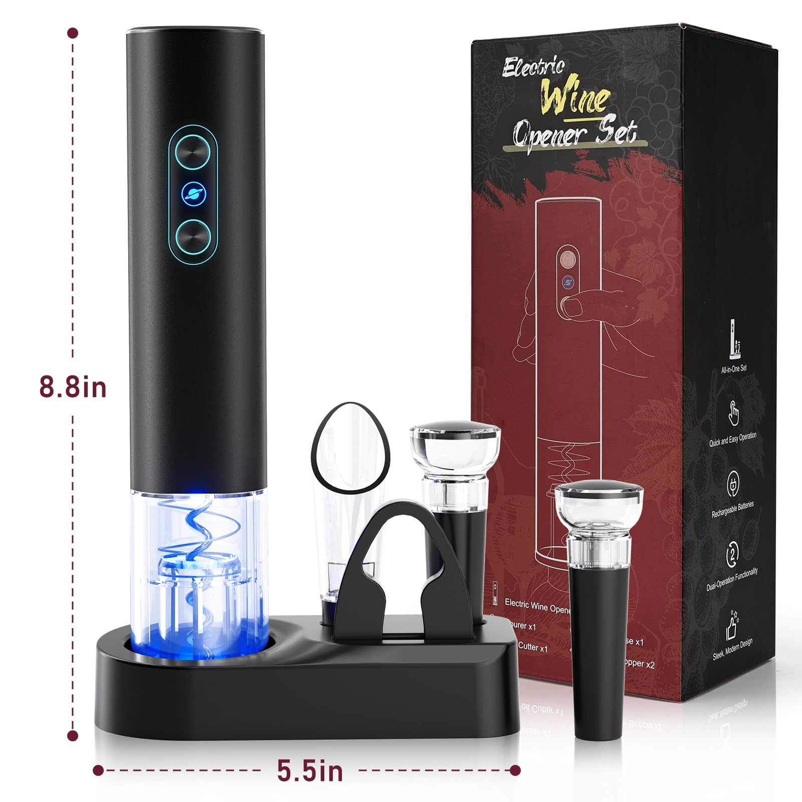 Otuseta Electric Wine Opener, Rechargeable Cordless Wine Accessories, Stainless Steel Cordless Automatic Wine Bottle Corkscrew with Vacuum Stoppers, Foil Cutter for Home Party Wedding, Bars(Black)