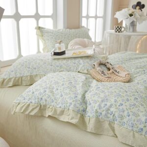 MKXI Princess Floral Comforter Set Ruffled Comforter Wildflowers Patern Full Size Cute Artistic Bedding Set Light Green Bed Comforter for Girls Blue Flowers Bedding Comforter Duvet Set