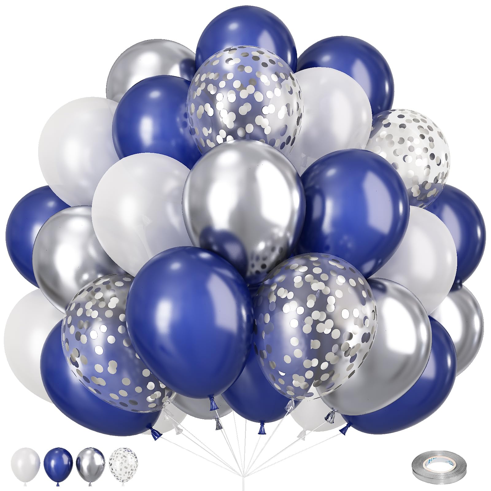 Navy Blue and Silver Balloons 60PCS, 12 Inch Navy Blue Metallic Silver and White Pearl Party Balloons with Silver Blue Confetti Latex Balloons for Birthday Graduation Space Theme Party Decorations