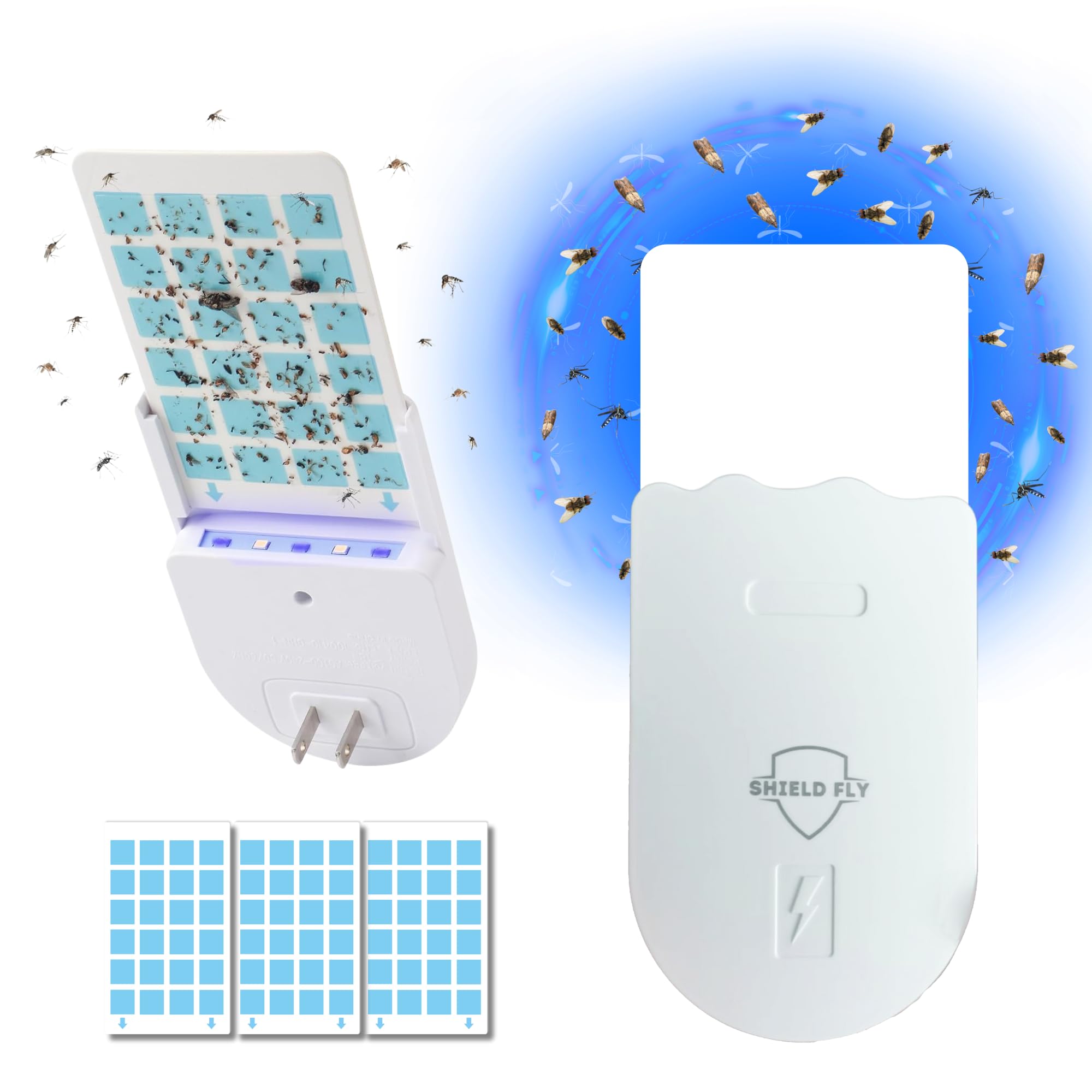 SHIELDFLY | Fly Trap Indoor, Gnat Killer Indoor, Fly Traps Indoor for Home, Highly Effective UV Light, Flying Insect Trap, Flies, Fruit Flies, Gnats & Other Flying Insects (1 Device + 3 Cartridges)