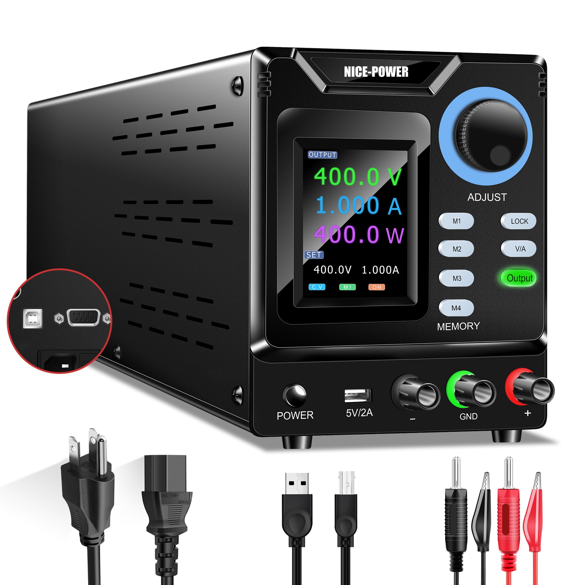 NICE-POWER DC Power Supply Variable, 0-400V 0-1A High Voltage Bench Power Supply with Memory Storage and Encoder Knob, Adjustable Regulated DC Power Supply with Output Switch, Lock Button,PC Software