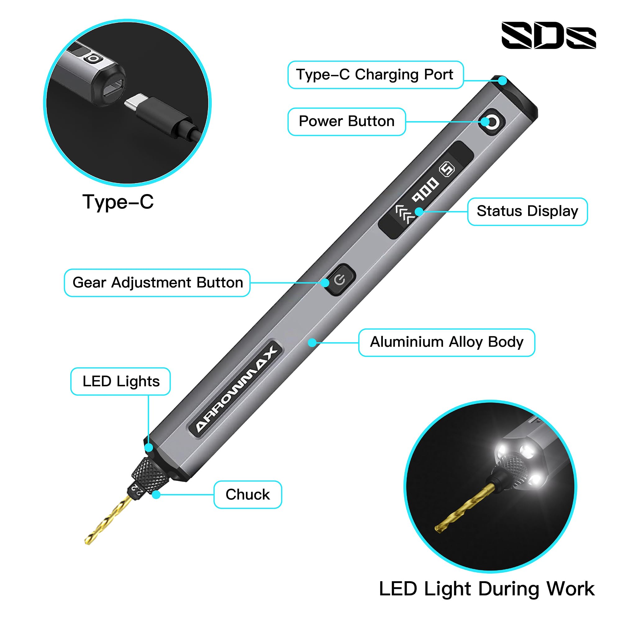 AM ARROWMAX Electric Mini Drill Pen, 5-Speed, 10 Small Drill Bits with Aluminium Box, LED Lights, OLED Display, Resin Drill Set For Jewelry Making, Plastic, Wood (SDS)