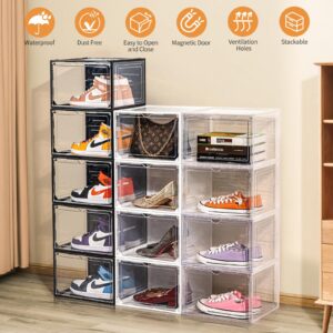 12 Pack Clear Shoe Boxes Stackable,Large Shoe Storage Organizer with Magnetic Door,Drop Side Shoe Containers for Entryway,Sneaker Storage Fit up to US Size 13 for Men/Women(13’’x 10.62”x 8.26”）