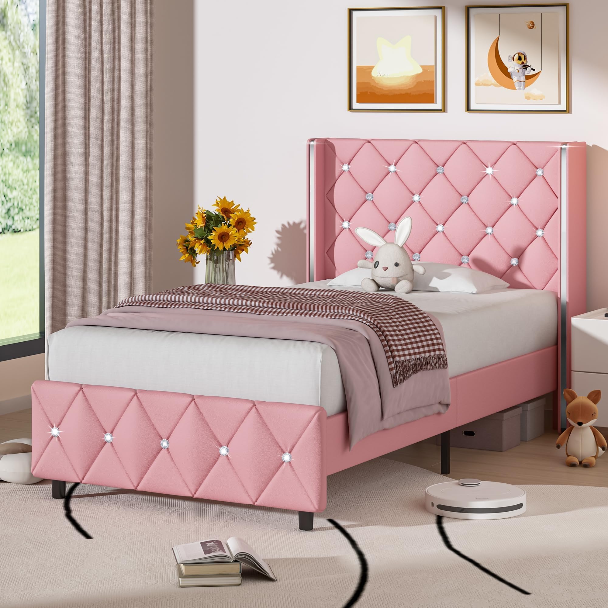 HOMBCK Twin Bed Frame, Upholstered Bed Frame with Diamond Tufted Headboard, Twin Bed Frames for Girls, Cute Princess Bed, Faux Leather, Wooden Slats Support, No Box Spring Needed, Pink