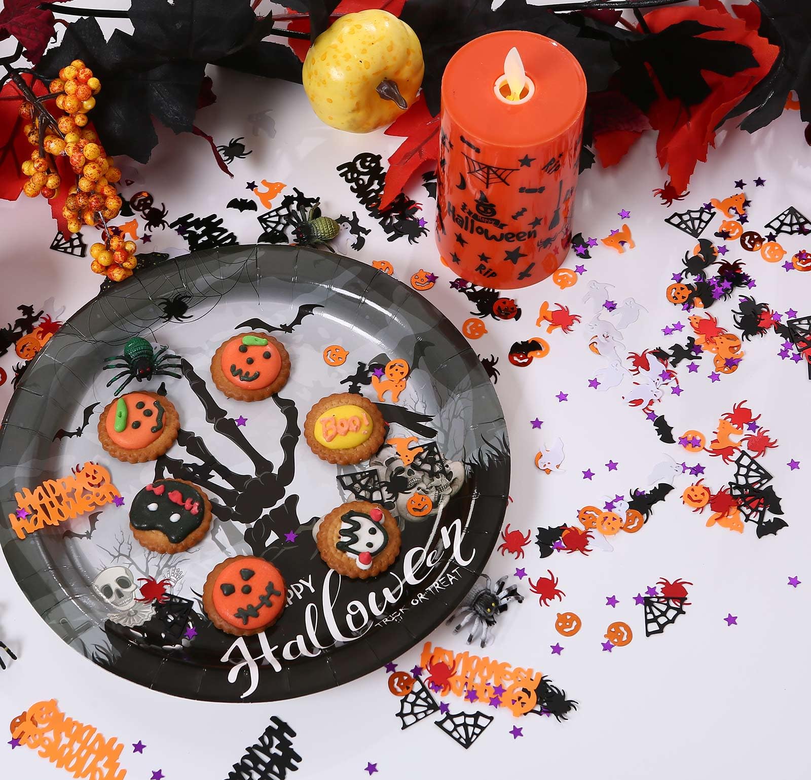 Halloween Party Table Scatter Confetti, 60g Pumpkin Spider Webs Bat Foil Metallic Confetti Party Table Decoration Halloween Party Supplies (Happy Halloween)