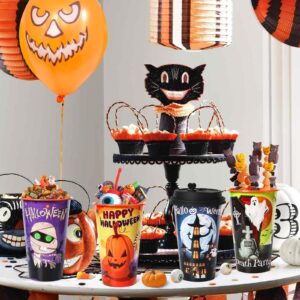 FZR Legend 24 Pack Halloween Party Favors Goodie Cups, Bats Ghost Cats Pumpkin Witch Spider Party Plastic Cups with 4 Patterns, 16OZ Reusable Halloween Party Decorations Supplies Cups with Lids Plugs