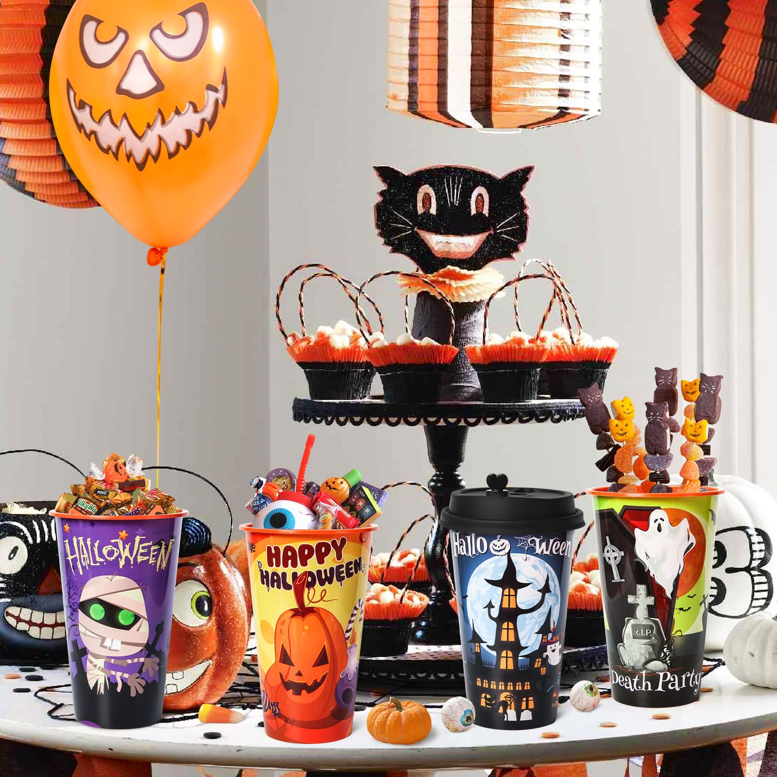 FZR Legend 24 Pack Halloween Party Favors Goodie Cups, Bats Ghost Cats Pumpkin Witch Spider Party Plastic Cups with 4 Patterns, 16OZ Reusable Halloween Party Decorations Supplies Cups with Lids Plugs