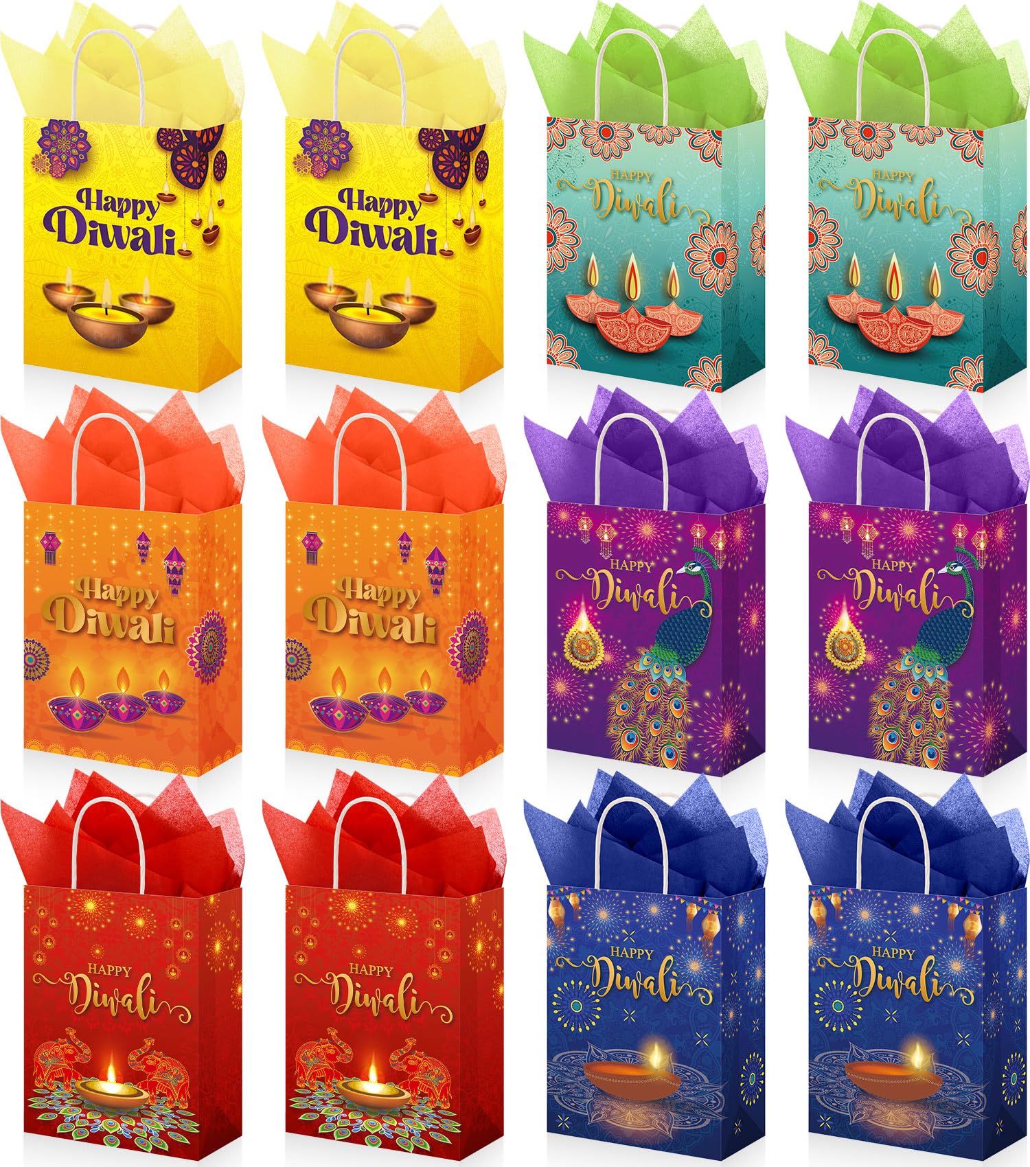 Kolldenn 48 Pcs Happy Diwali Gift Bags with Tissue Paper Festival of Lights Favors Bags with Handles Indian Diwali Goodie Gift Bags for Diwali Deepavali Party Indian Celebration Supplies Decoration