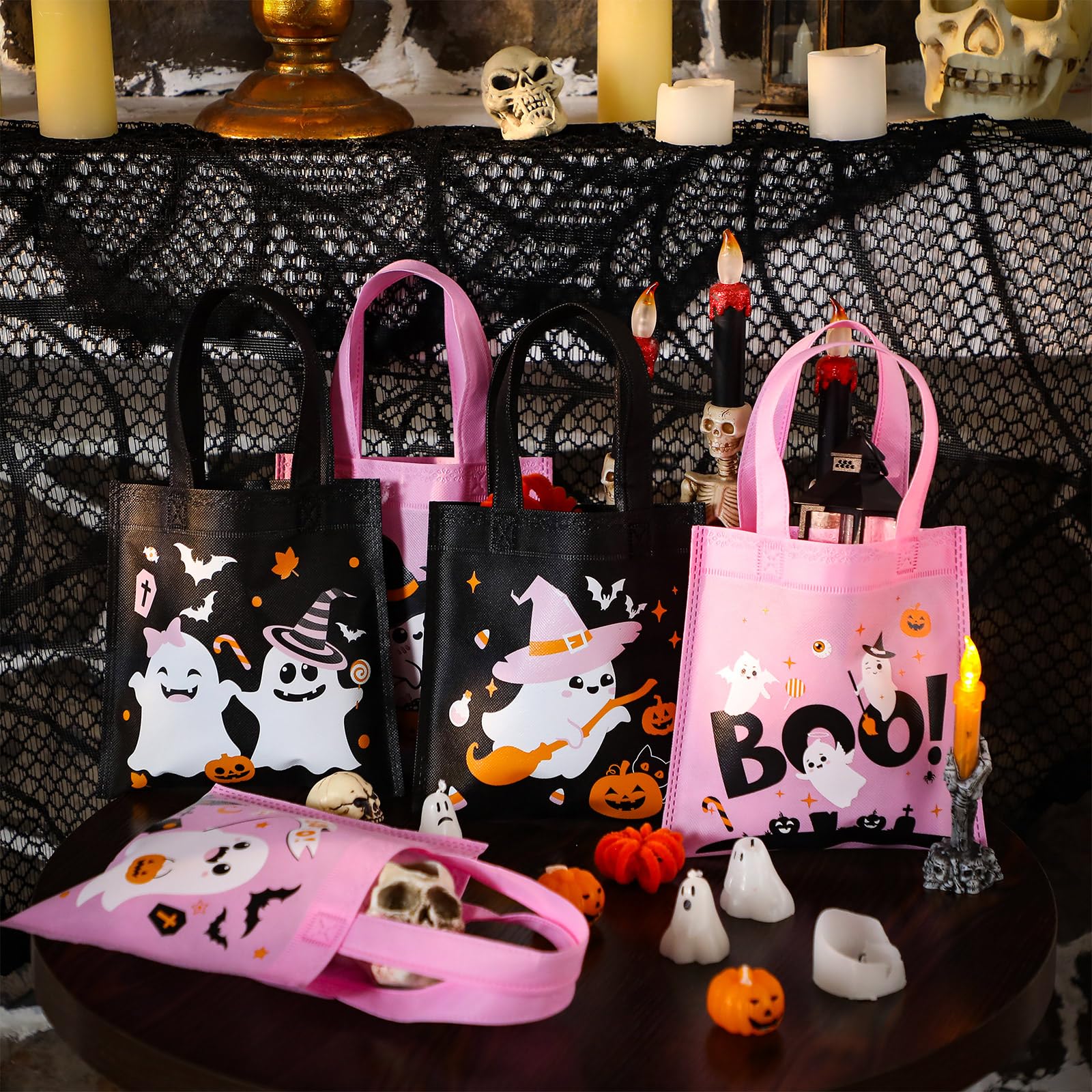 Yoojahow 24Pcs Halloween Tote Bags Halloween Black and Pink Boo Theme Goodie Bags Trick or Treat Bag with Handles Nonwoven Reusable Candy Gift Bags for Halloween Birthday Baby Shower Party Favor