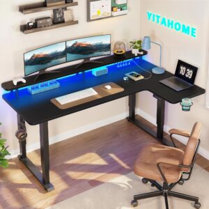 yitahome l shaped standing desk adjustable height with power outlets & led lights, 63 x 43 electric standing desk with monitor stand, dual motor 4 legs sit stand up desk, black