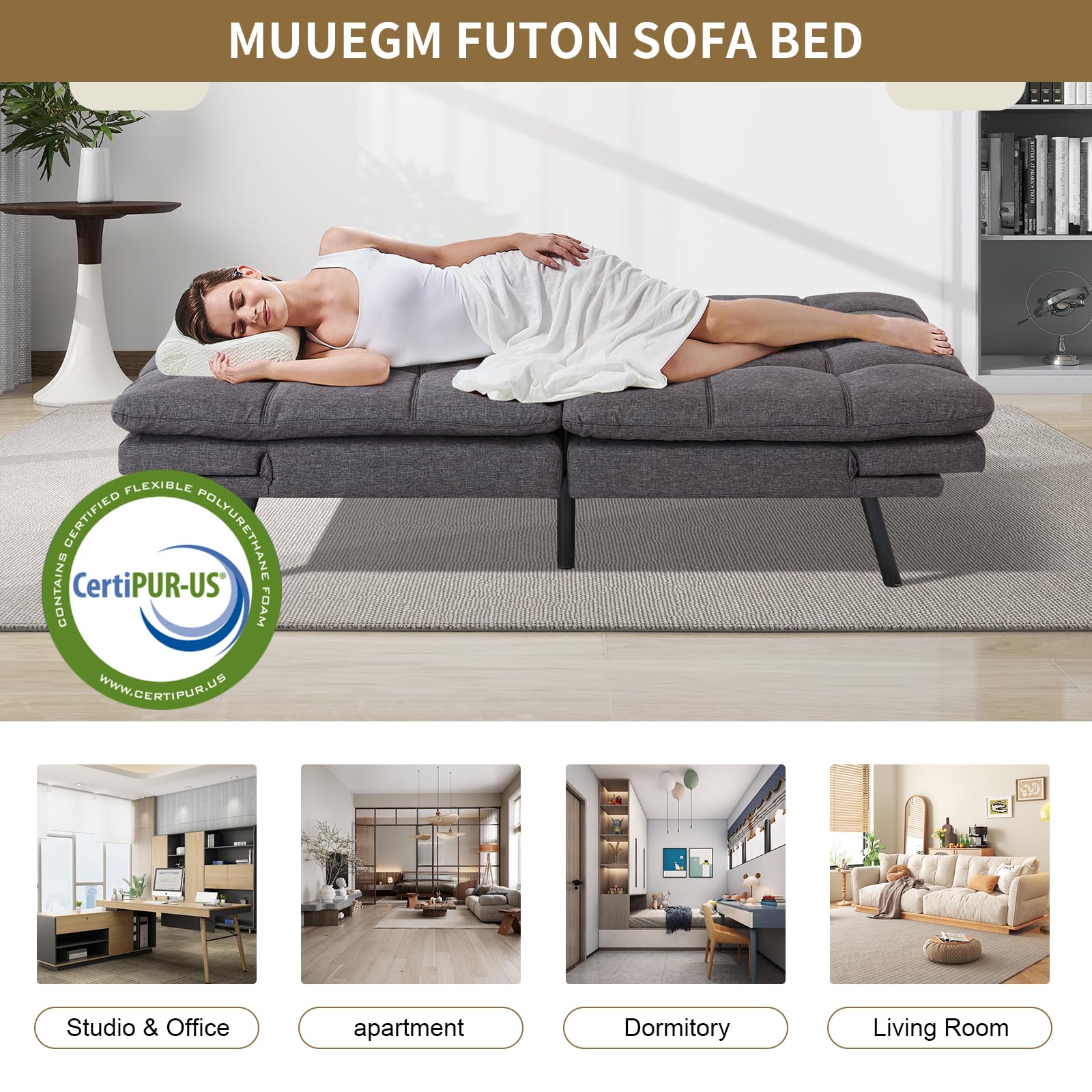 MUUEGM Futon Sofa Bed,71" Convertible Memory Foam Couch Bed for Living Spaces,Office,Apartment,Adjustable Sleeper Sofa,Linen Charcoal Grey