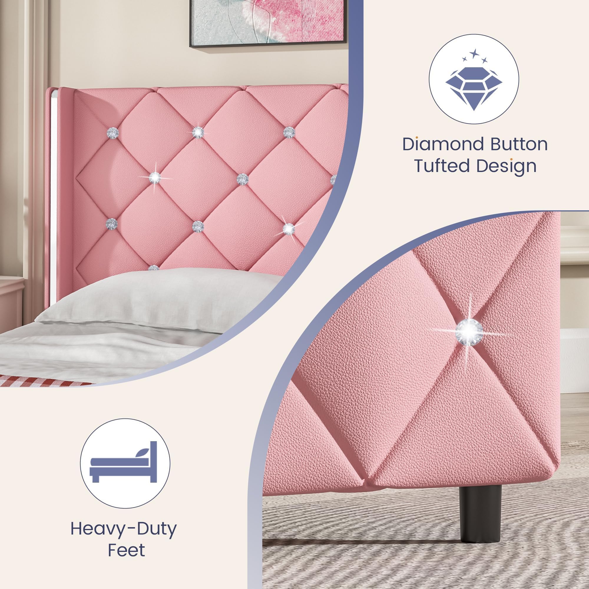 HOMBCK Twin Bed Frame, Upholstered Bed Frame with Diamond Tufted Headboard, Twin Bed Frames for Girls, Cute Princess Bed, Faux Leather, Wooden Slats Support, No Box Spring Needed, Pink