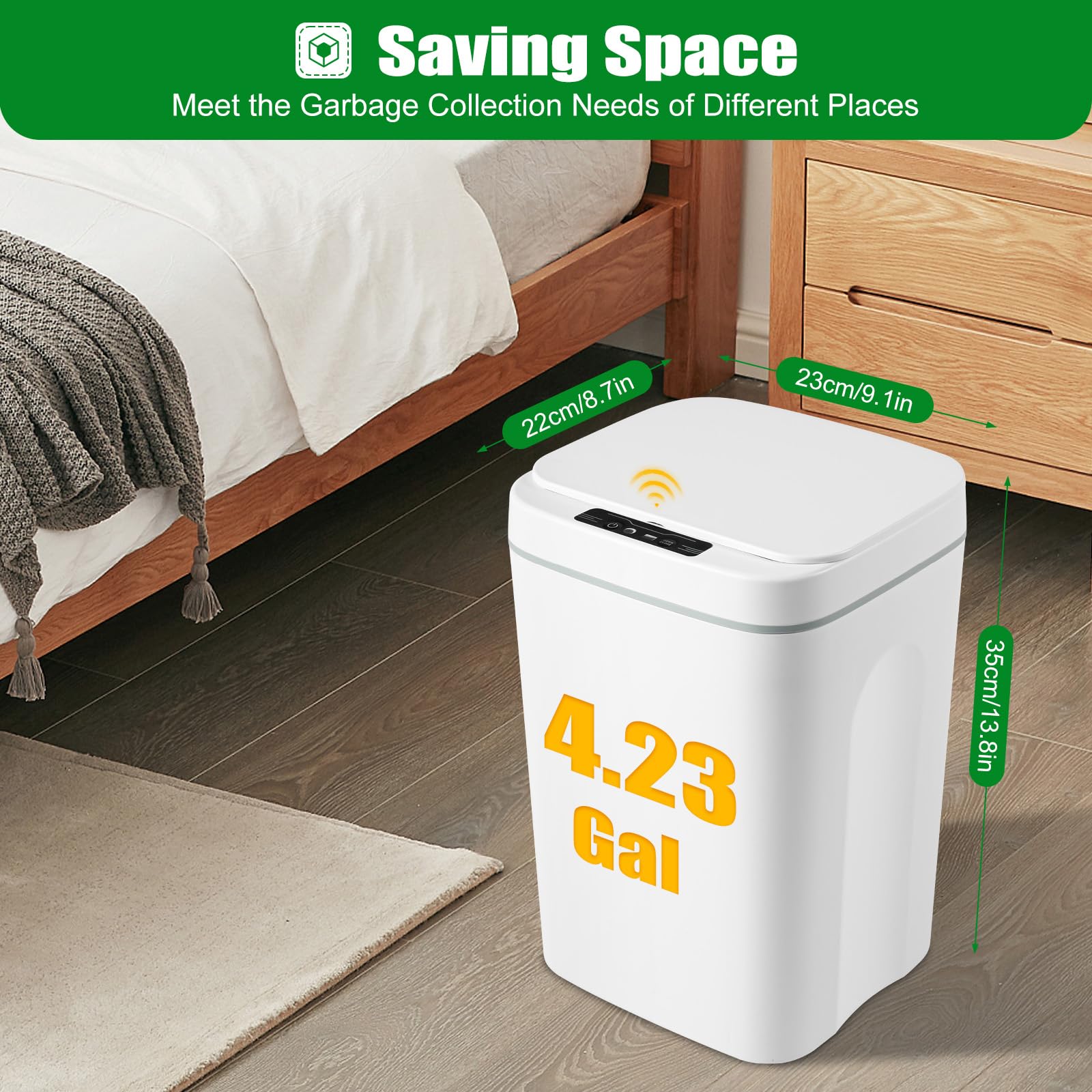 EurHomePlus 4.23 Gal Automatic Trash Can, Touchless Trash Can with Motion Sensor, Electric White Garbage Bin with LED Lighting, for Bedroom, Bathroom, Kitchen