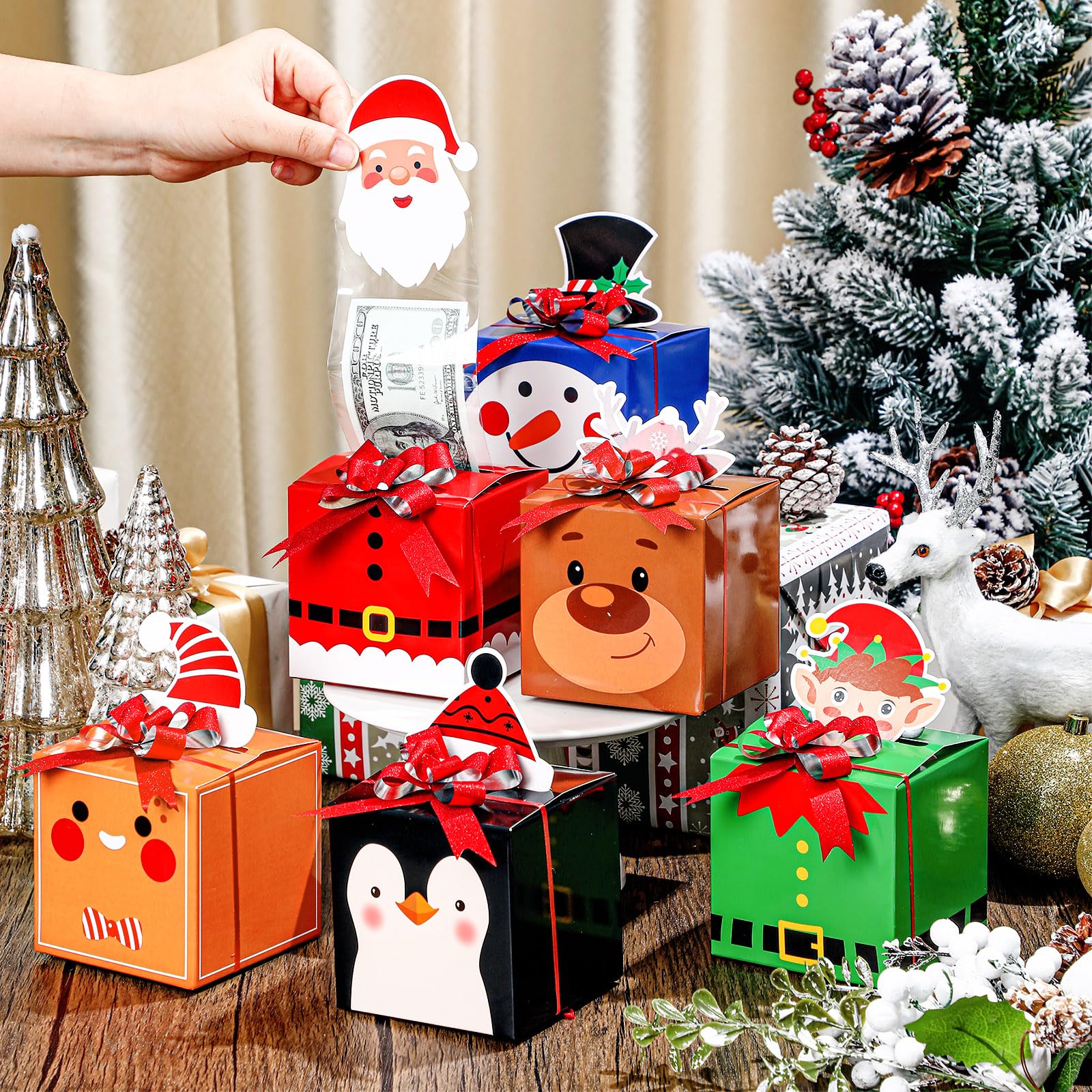 Cholemy 12 Pcs Christmas Money Box for Cash Gift Christmas Money Holder Merry Christmas Money Pull Box Snowman Elves Elk Gingerbread Penguin with Bows Cash Box for Christmas Holiday Birthday