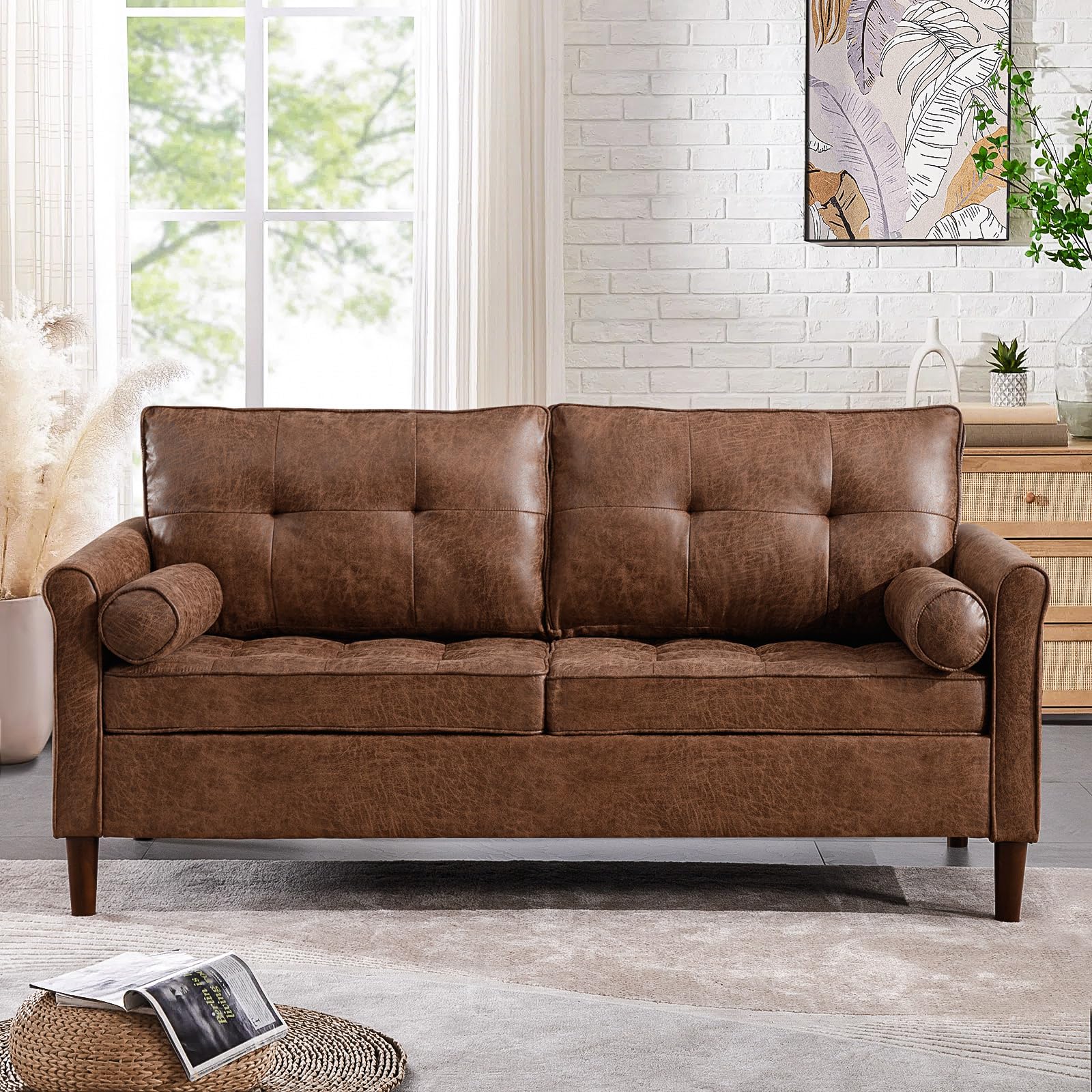 GEEVIVO Loveseat Sofa, Mid-Century Modern Small Couch, PU Leather Comfy Love Seat Sofa, Upholstered Mini Sofa with Back Cushions Rolled Armrest for Living Room, Bedroom, Office Apartment, Small Space