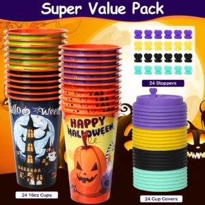 FZR Legend 24 Pack Halloween Party Favors Goodie Cups, Bats Ghost Cats Pumpkin Witch Spider Party Plastic Cups with 4 Patterns, 16OZ Reusable Halloween Party Decorations Supplies Cups with Lids Plugs