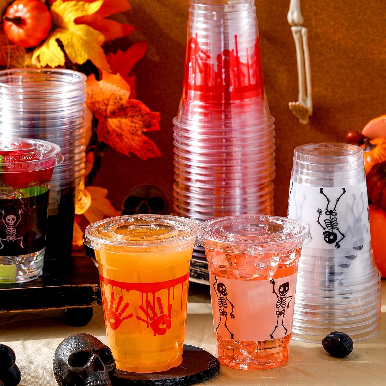 Sliner Halloween Party Plastic Cups 12 oz Halloween Disposable Cups Blood Splattered Skeleton Printed Design Halloween Cups for Halloween Party Favors Soda Juice Drinking Punch Party (30 Pcs)