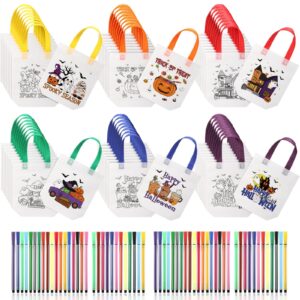 vincreem 54 pcs halloween coloring bags with 60 pcs colorful markers non woven coloring goodie bags ghost pumpkin trick or treat color your own bag reusable party favor bags for holiday diy painting