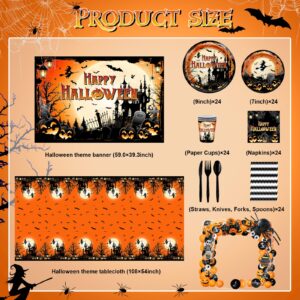 Lecheme Halloween Party Decorations 296 Pcs Halloween Decorations Set Horror Halloween Backdrop Tableware Halloween Balloon Arch Kit Fake Spider Web Halloween Party Supplies (Orange)