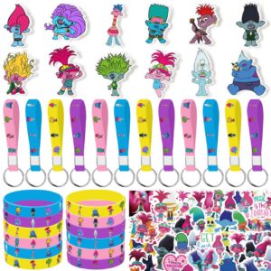 trolls birthday party supplies, 86pcs party favors set include 12 bracelets, 12 pins, 12 keychains, 50 stickers for trolls theme party gifts