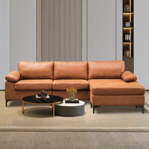 ovios 97.6" l shaped sectional sofa with reversible chaise, 3 seat comfy suede leather couch with convertible chaise, modern mid-century sofa for living room, brown