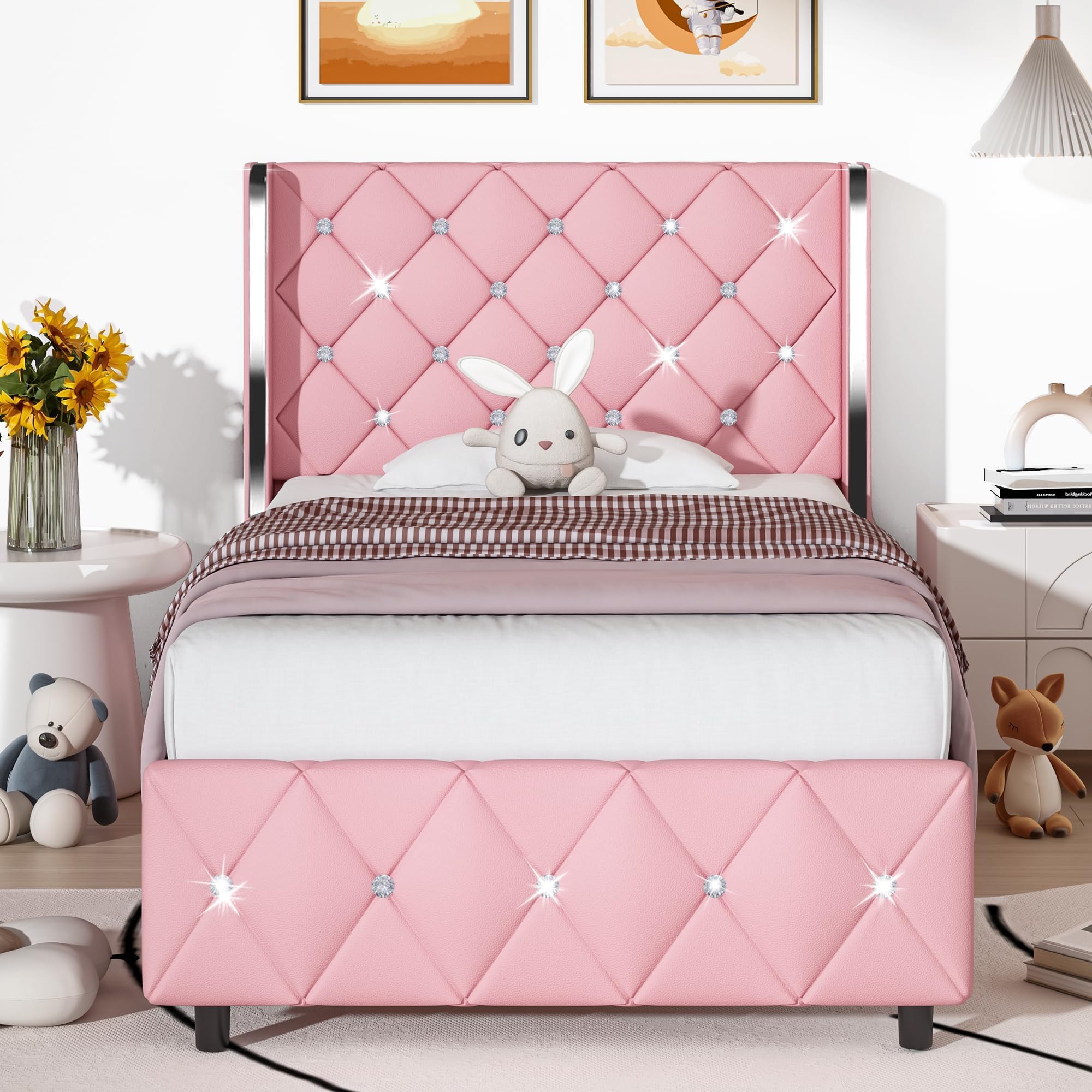 HOMBCK Twin Bed Frame, Upholstered Bed Frame with Diamond Tufted Headboard, Twin Bed Frames for Girls, Cute Princess Bed, Faux Leather, Wooden Slats Support, No Box Spring Needed, Pink