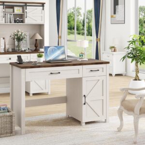 farmhouse 47" executive desk, computer desk with drawers and storage cabinet, workstation computer desk for home office and study, unique white