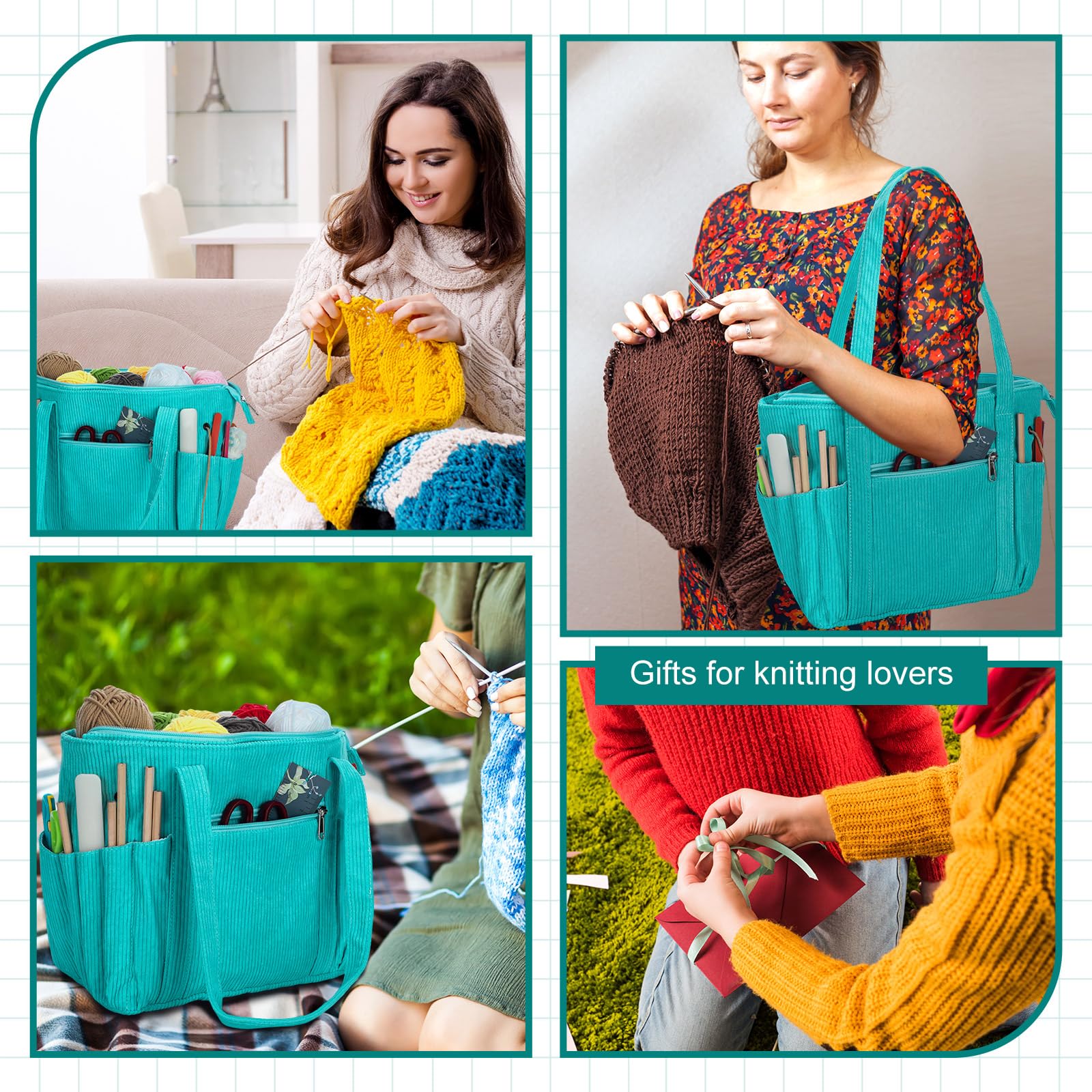 Cosblank Crochet Bag Tote Yarn Knitting Bag Corduroy Teal Yarn Storage Organizer for Crocheting Project Skein Knitting Needles Crochet Hooks Accessories