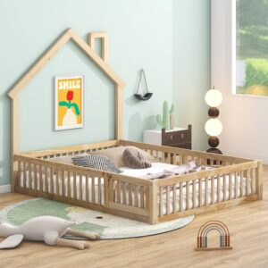 merax montessori floor bed with fence and door for toddlers, girls, boys pine wood bedframe safety guardrails for children's room, house-shaped headboard kids playroom, full size with slats, natural