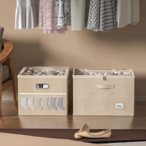 2 Pack Shoe Organizer for Closet Large Shoe Box Storage Containers with Clear Window Space Saving Shoe Bin with Foldable Bottom Support Adjustable Dividers Fits 32 Pairs (Beige, (19.7x15.7x13inch)x2)