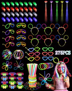 275 pcs glow in the dark party supplies for kids adults, light up party favors, glow sticks bulk party pack bracelets finger lights glasses headband led light hair wedding birthday new year halloween