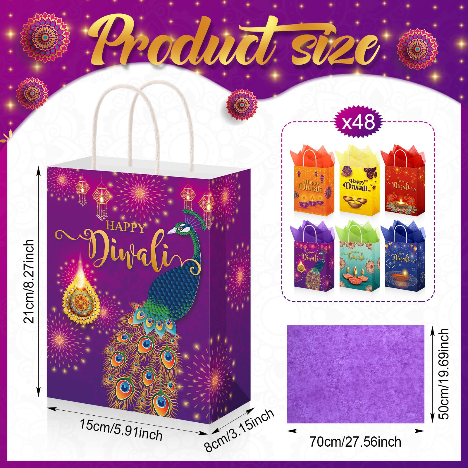 Kolldenn 48 Pcs Happy Diwali Gift Bags with Tissue Paper Festival of Lights Favors Bags with Handles Indian Diwali Goodie Gift Bags for Diwali Deepavali Party Indian Celebration Supplies Decoration