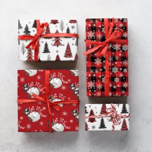 Horaldaily 17 x 120 Inch Christmas Wrapping Paper(3 Rolls: 42.5 sq. ft. ttl.), Red Buffalo Plaid Christmas Trees Snowman Snow Disposable Wrapping Paper for Party DIY Crafts Gift Decor