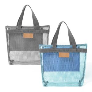 pebipoo 2 mesh shower caddy bags, quick dry portable tote bags with zipper and inner pocket, lightweight bath organizers for college dorm bathroom, swimming, gym, beach, travel (blue and gray)