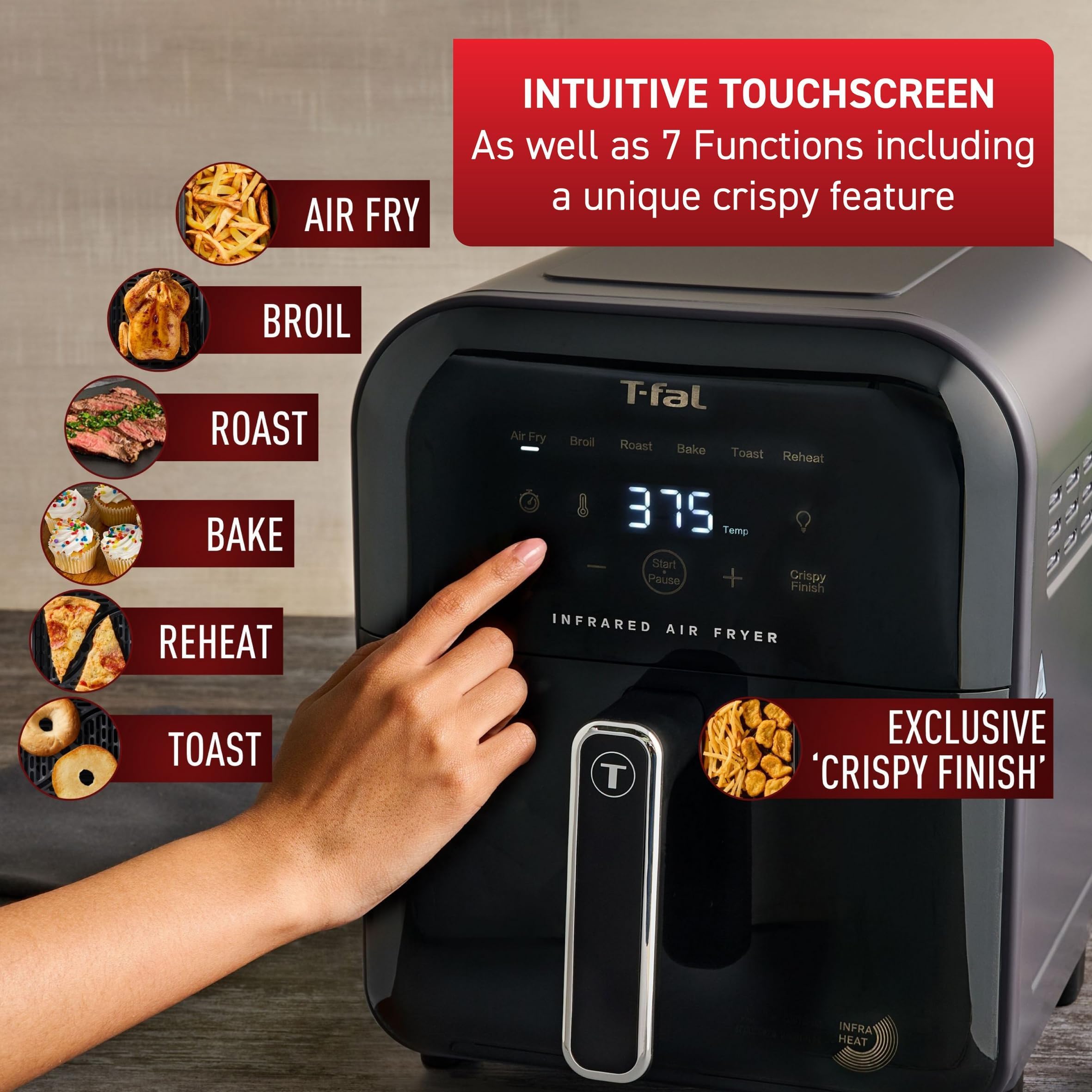 T-fal Infrared Air fryer, Premium Infra-heat Technology, 7 in 1, Extra Crispy, Fast Heat-up, 6.3 Quart, 1550W, Digital Touch screen, Black