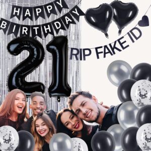 21st Birthday Decorations, Happy 21st Birthday Decorations with Happy Birthday Banner, Sliver Foil Curtains, RIP FAKE ID 21 Balloons Kit, Black Cake Topper, 21st Birthday Decorations for Him