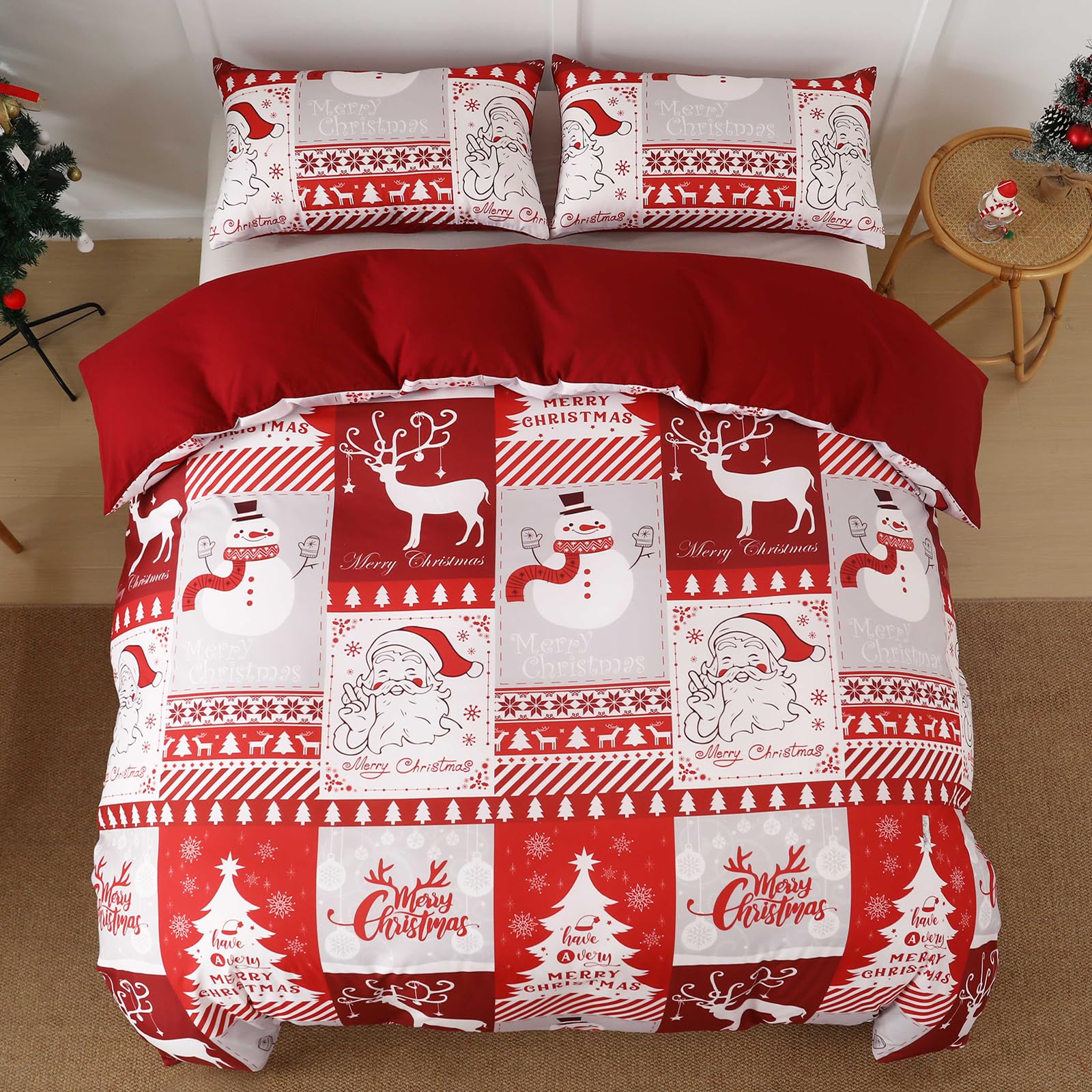 Dintszyayue Christmas Duvet Cover Set King, Festival Reindeer Pattern Comforter Cover with Zipper Closure, 3 Pieces Lightweight Patchwork Bedding Set with 2 Pillow Shams 103"×90"