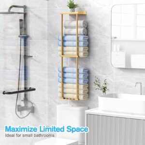 Liuoud Towel Rack for Bathroom, Wall Mounted Bath Towel Holder Storage Organizer for Rolled Towels, Vertical Towel Rack with Shelf Can Holds Up 6 Large Bath Towel, Gold