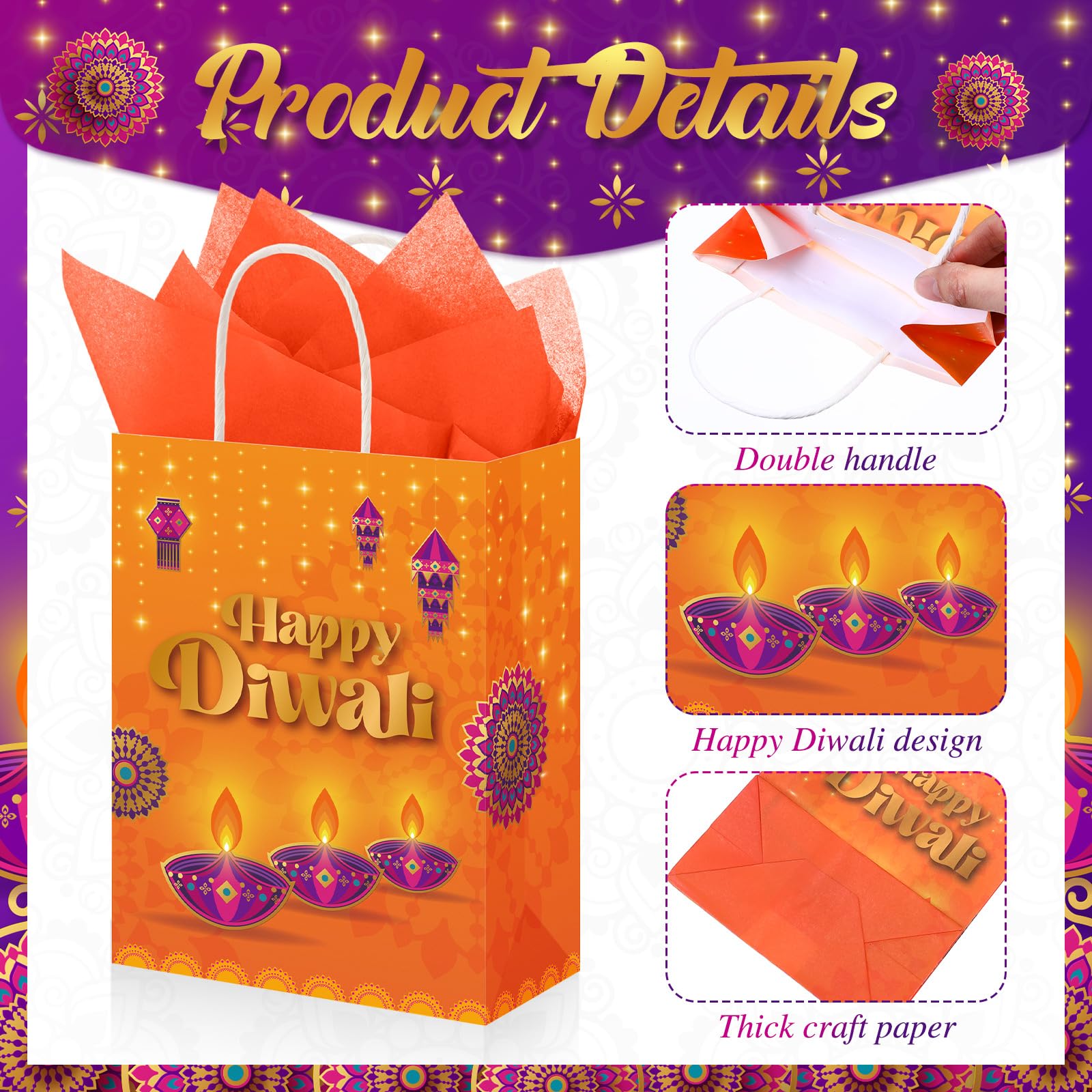 Kolldenn 48 Pcs Happy Diwali Gift Bags with Tissue Paper Festival of Lights Favors Bags with Handles Indian Diwali Goodie Gift Bags for Diwali Deepavali Party Indian Celebration Supplies Decoration