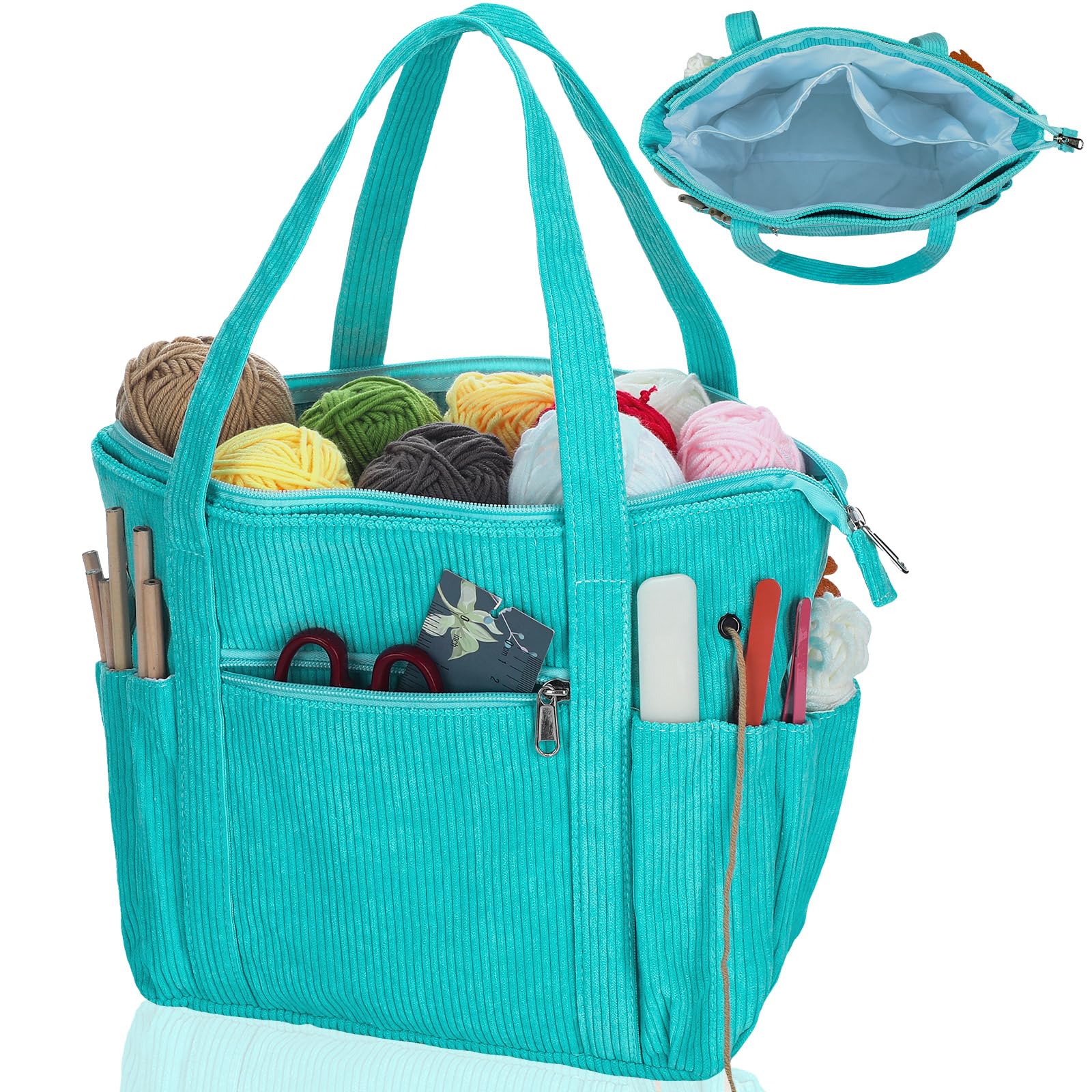 Cosblank Crochet Bag Tote Yarn Knitting Bag Corduroy Teal Yarn Storage Organizer for Crocheting Project Skein Knitting Needles Crochet Hooks Accessories