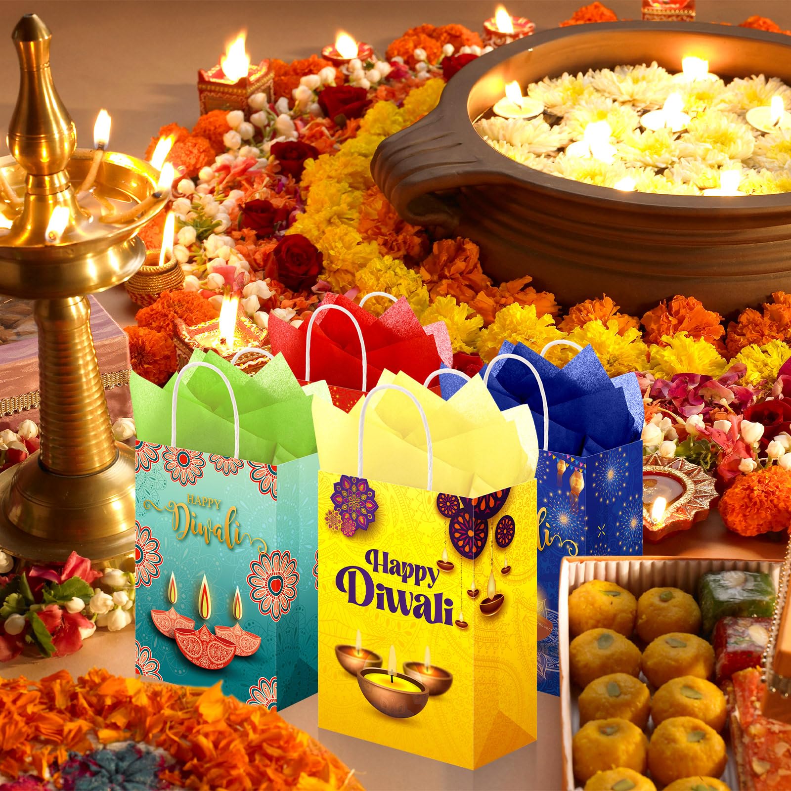 Kolldenn 48 Pcs Happy Diwali Gift Bags with Tissue Paper Festival of Lights Favors Bags with Handles Indian Diwali Goodie Gift Bags for Diwali Deepavali Party Indian Celebration Supplies Decoration